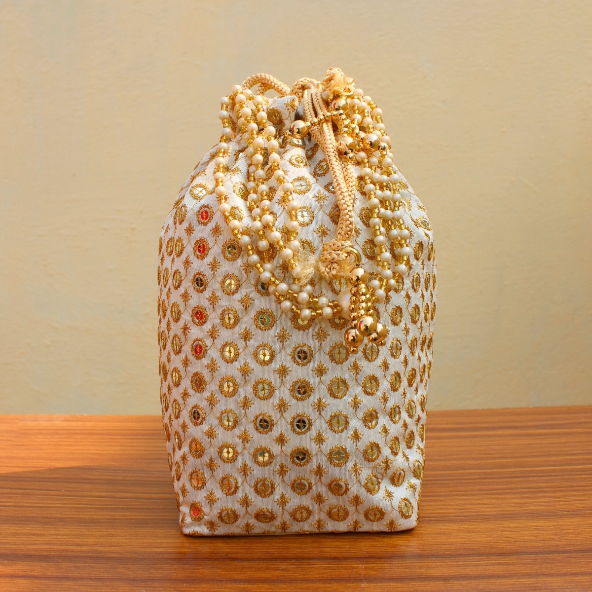 Designer Cream Golden Work Potali/Batwa | Jainkart